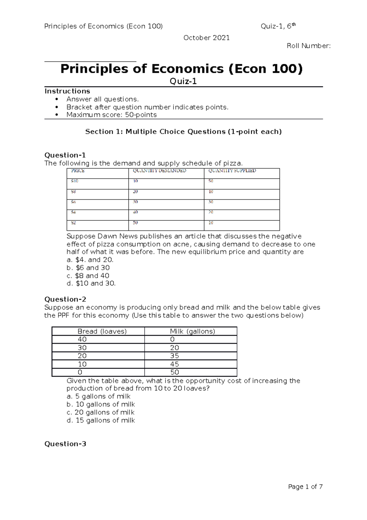 Sample Quiz-1 - October 2021 Roll Number: Principles of Economics (Econ ...