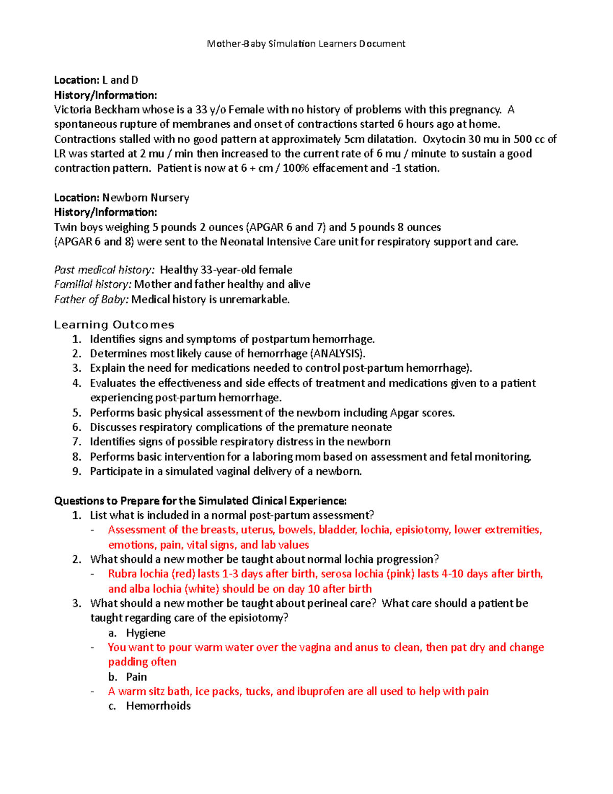 Mother-Baby Sim 3 Paperwork - Mother-Baby Simulation Learners Document ...