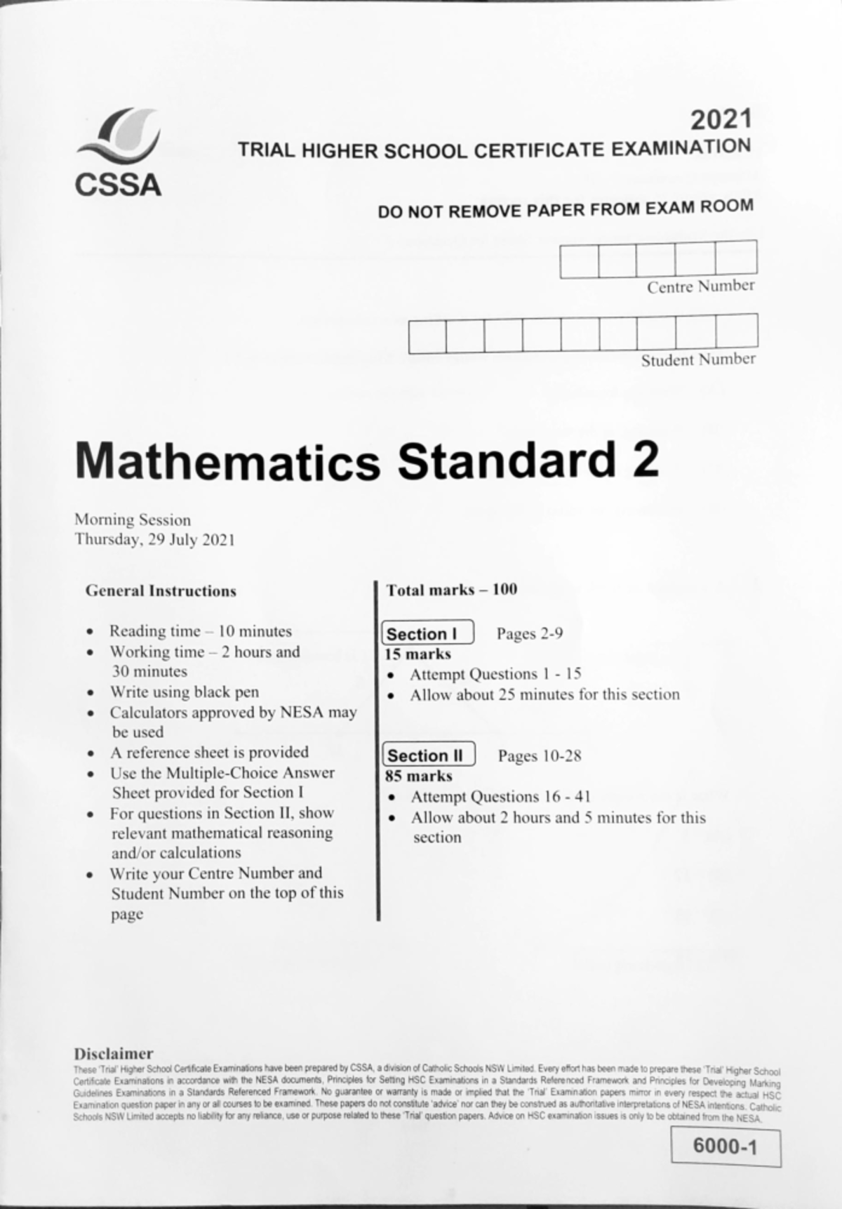 CSSA 2021 STD 2 - trial paper - 2021 TRIAL HIGHER SCHOOL CERTIFICATE EXAMINATION CSSA DO NOT ...
