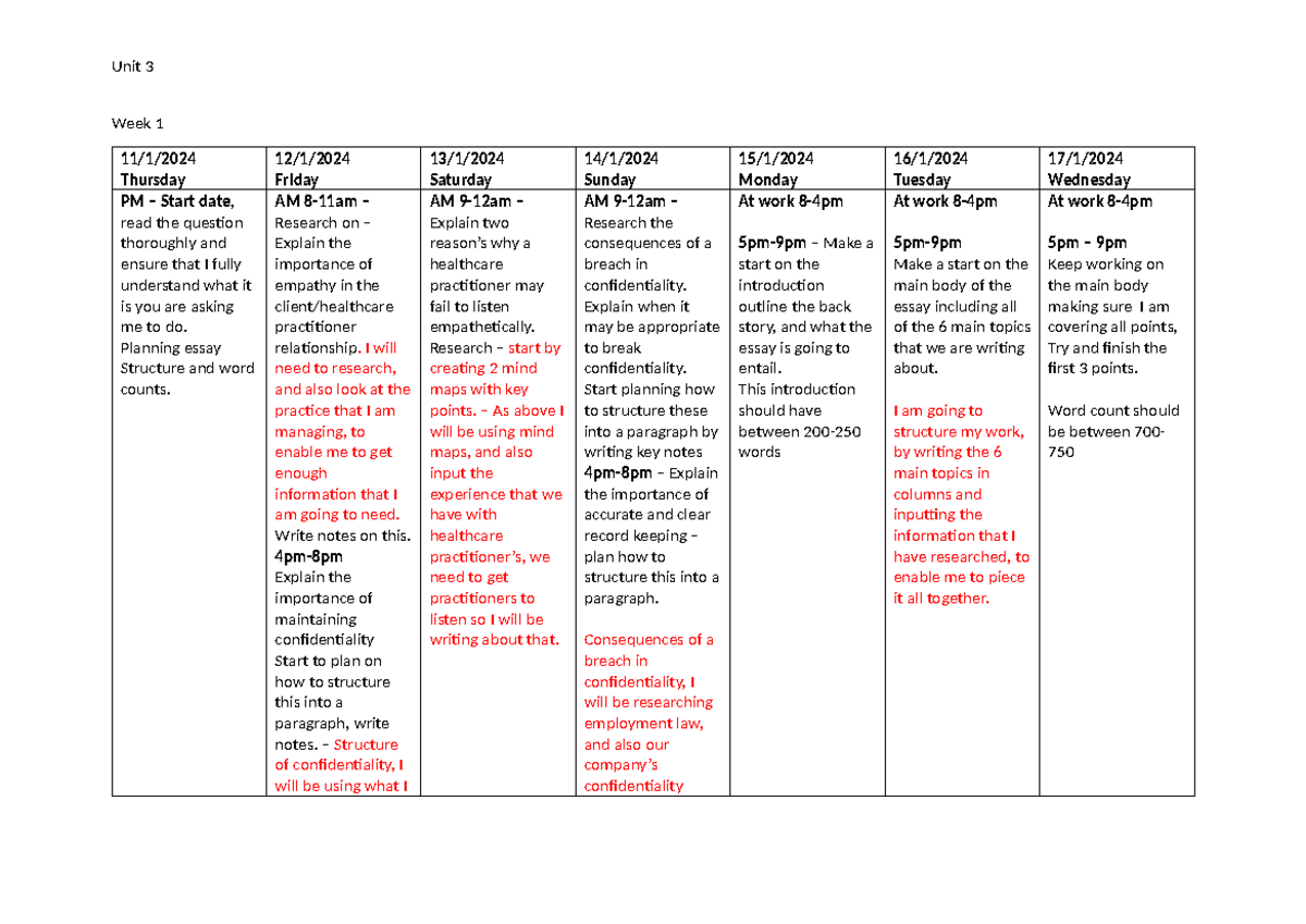 Week 1 - Unit 3 Week 1 11/1/ Thursday 12/1/ Friday 13/1/ Saturday 14/1 ...
