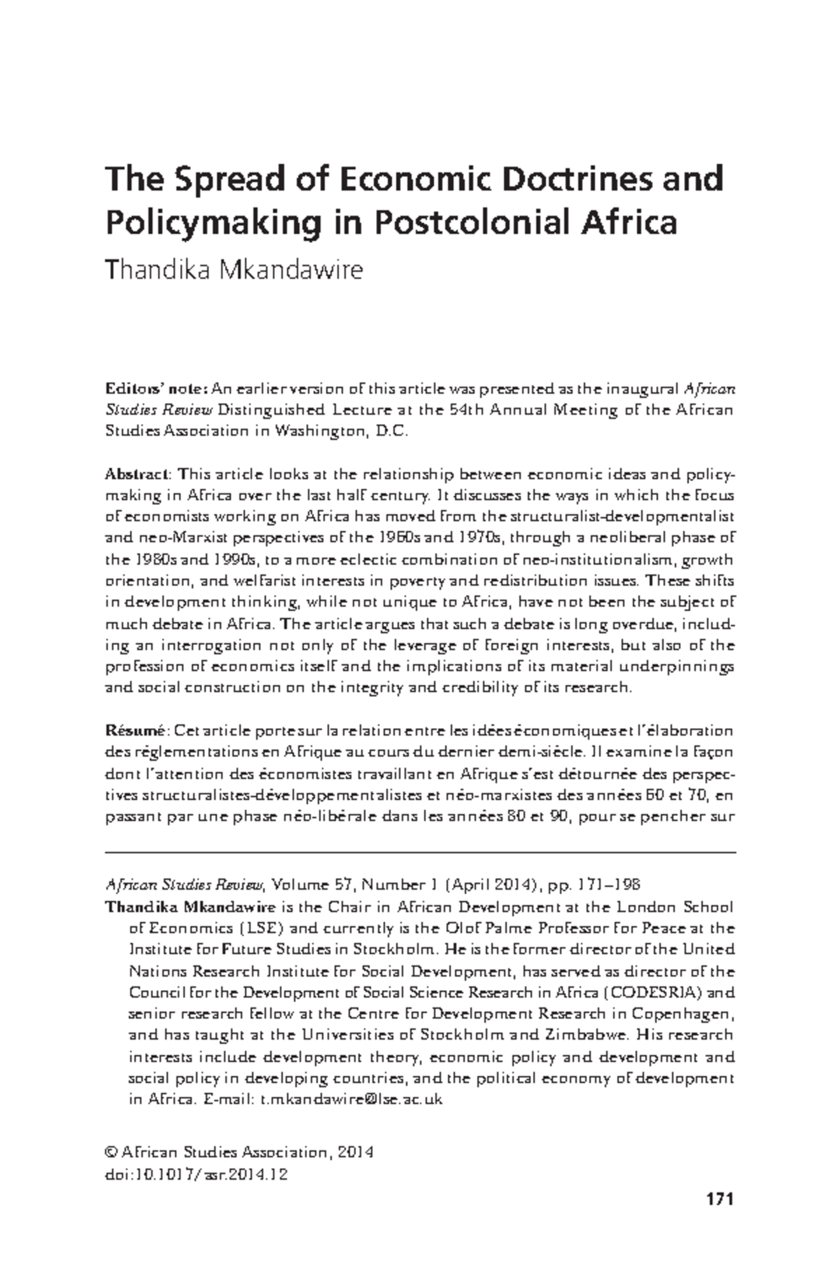 Mkandawire 2014 - eReserve - 171 The Spread of Economic Doctrines and ...