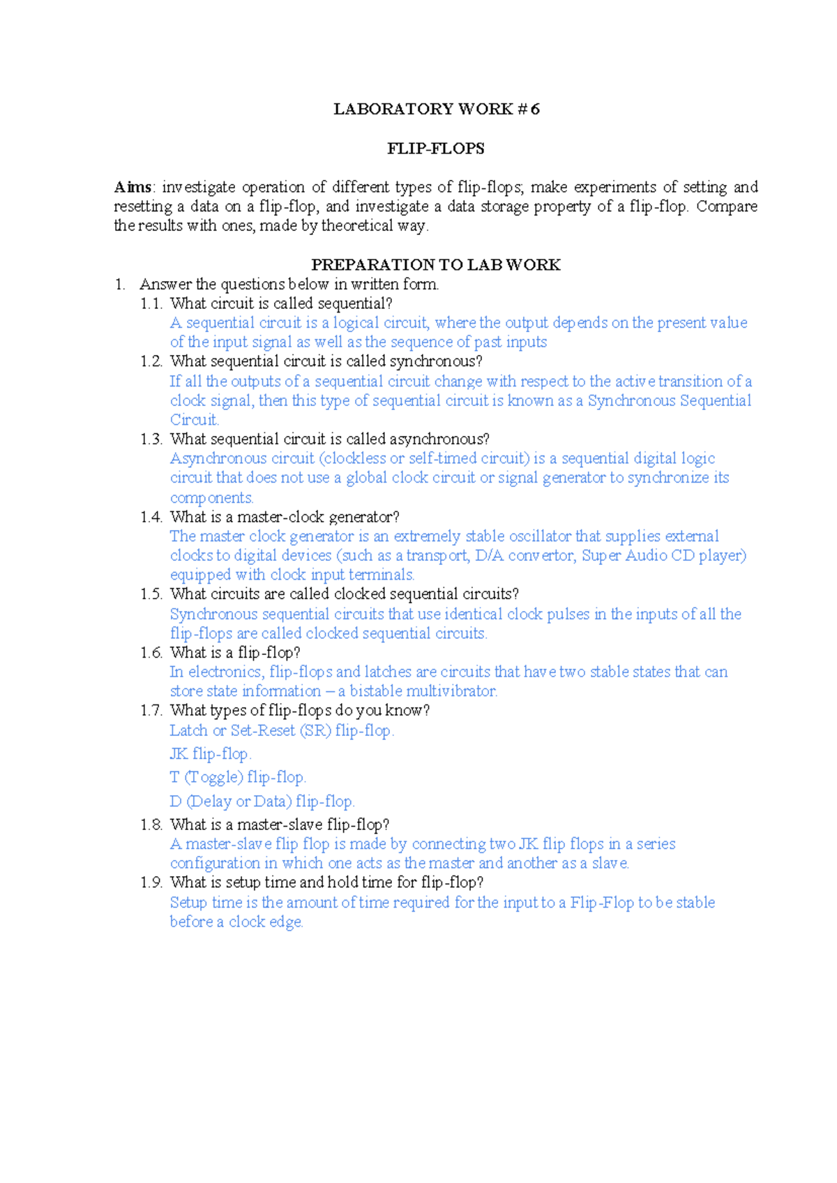 Project Lab - LABORATORY WORK # 6 FLIP-FLOPS Aims: investigate ...
