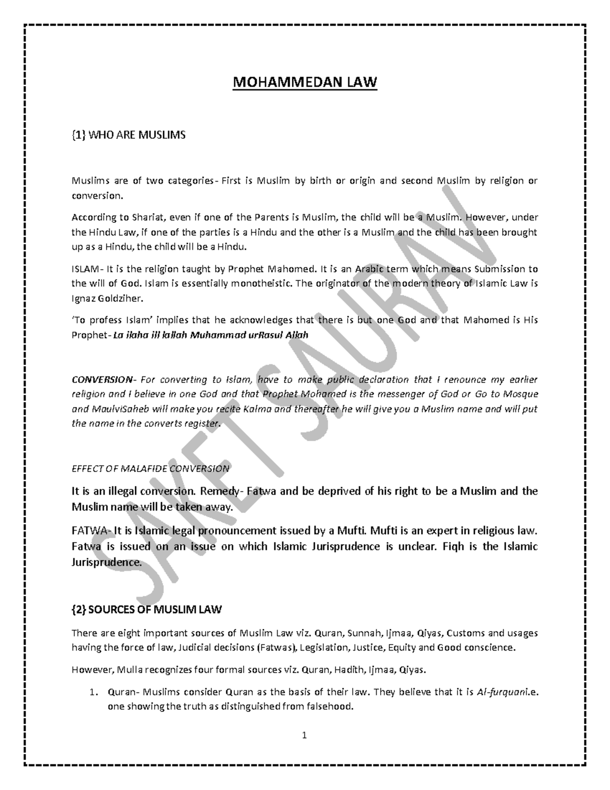 Mohammedan LAW - muslim law notes - MOHAMMEDAN LAW {1} WHO ARE MUSLIMS ...