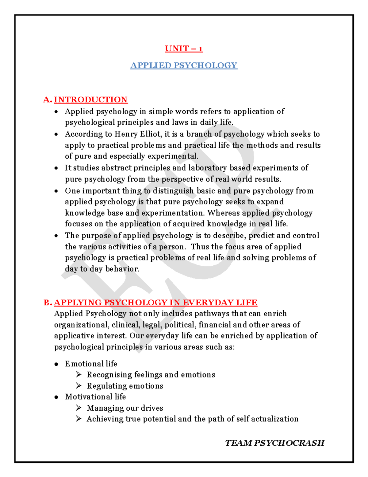 PG S2 AP UNIT 1 - Physics related - TEAM PSYCHOCRASH UNIT – 1 APPLIED PSYCHOLOGY A. INTRODUCTION ...