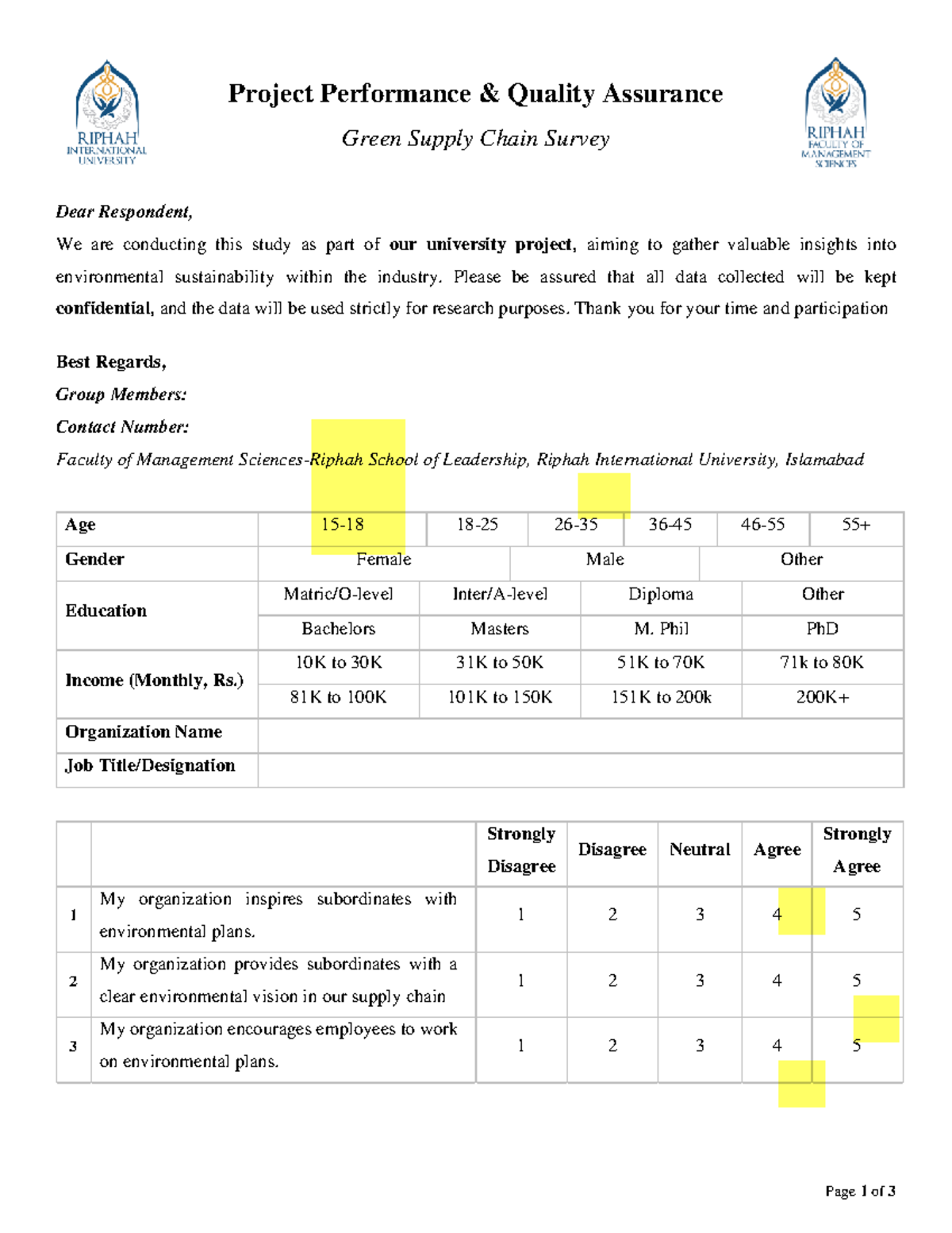 Green Supply Chain Questionnaire-1 - Page 1 of 3 Project Performance ...