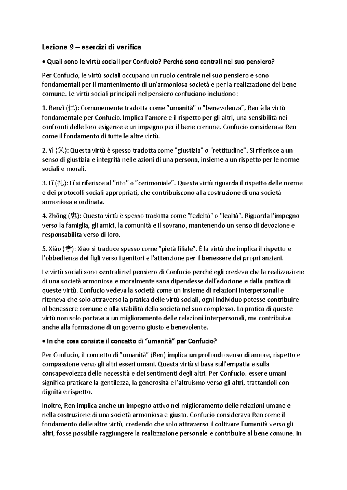 Il pensiero cinese (2) - Lezione 9 - Lezione 9 – esercizi di verifica Quali sono le virtù ...