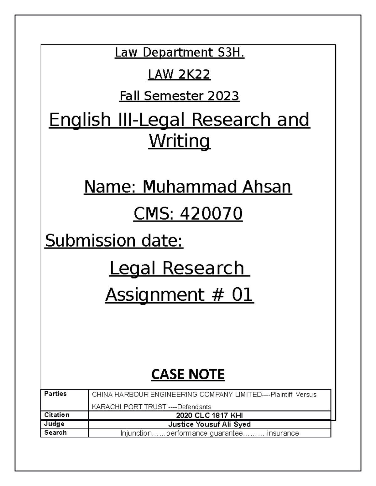 Case Note-Assignment by Muhammad Ahsan - Law Department S3H. LAW 2K ...