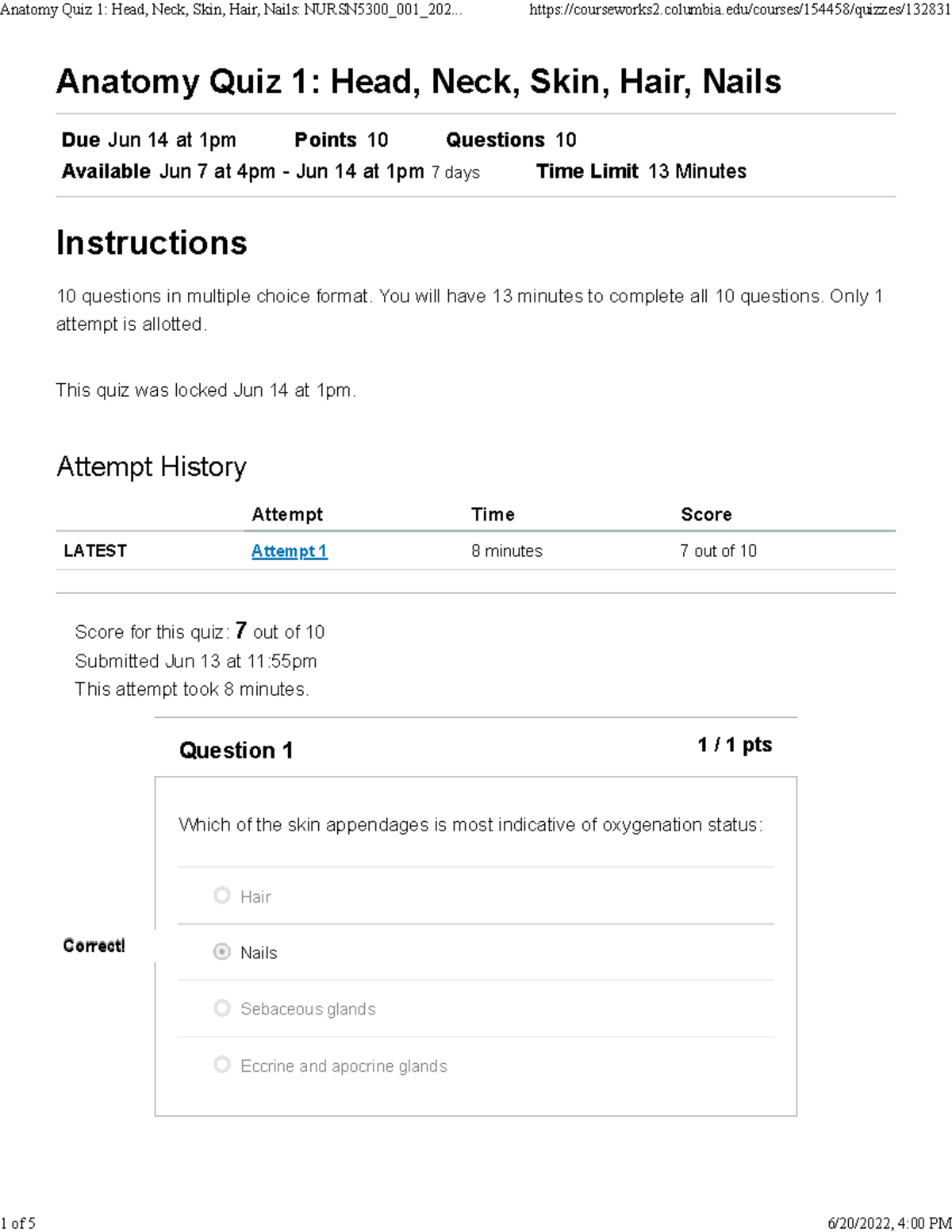 Anatomy Quiz 1 Head, Neck, Skin, Hair, Nails With Answers - Anatomy ...