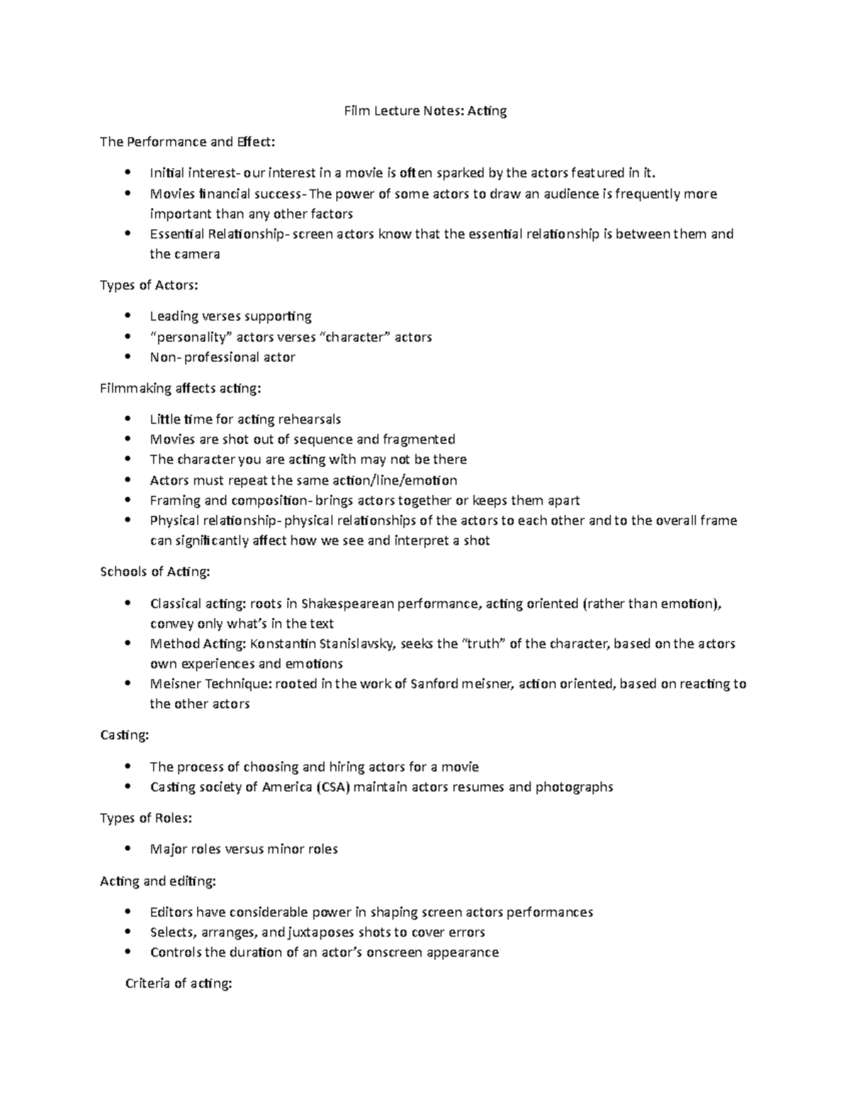 Film lecture acting notes - Film Lecture Notes: Acting The Performance ...