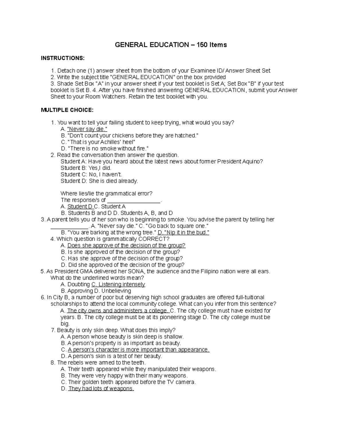 General Education 2022 - GENERAL EDUCATION – 150 Items INSTRUCTIONS ...