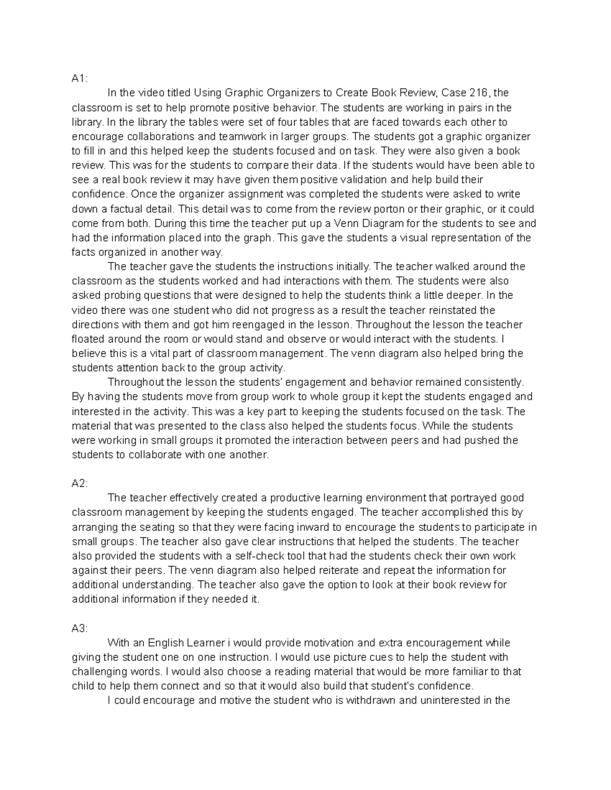 D095 Managing Engaging Learning Environment Task 2 - A1: In the video ...