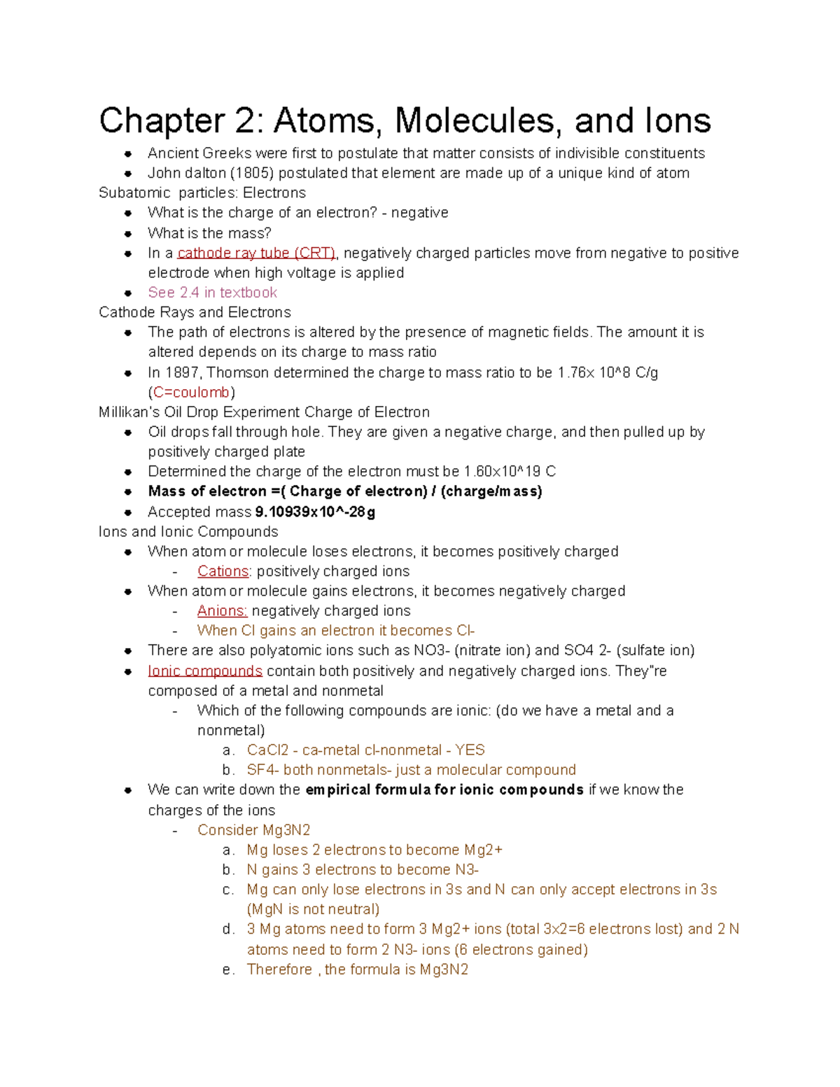 Atoms Molecules and Ions: Chapter 2 Study Guide - Studocu