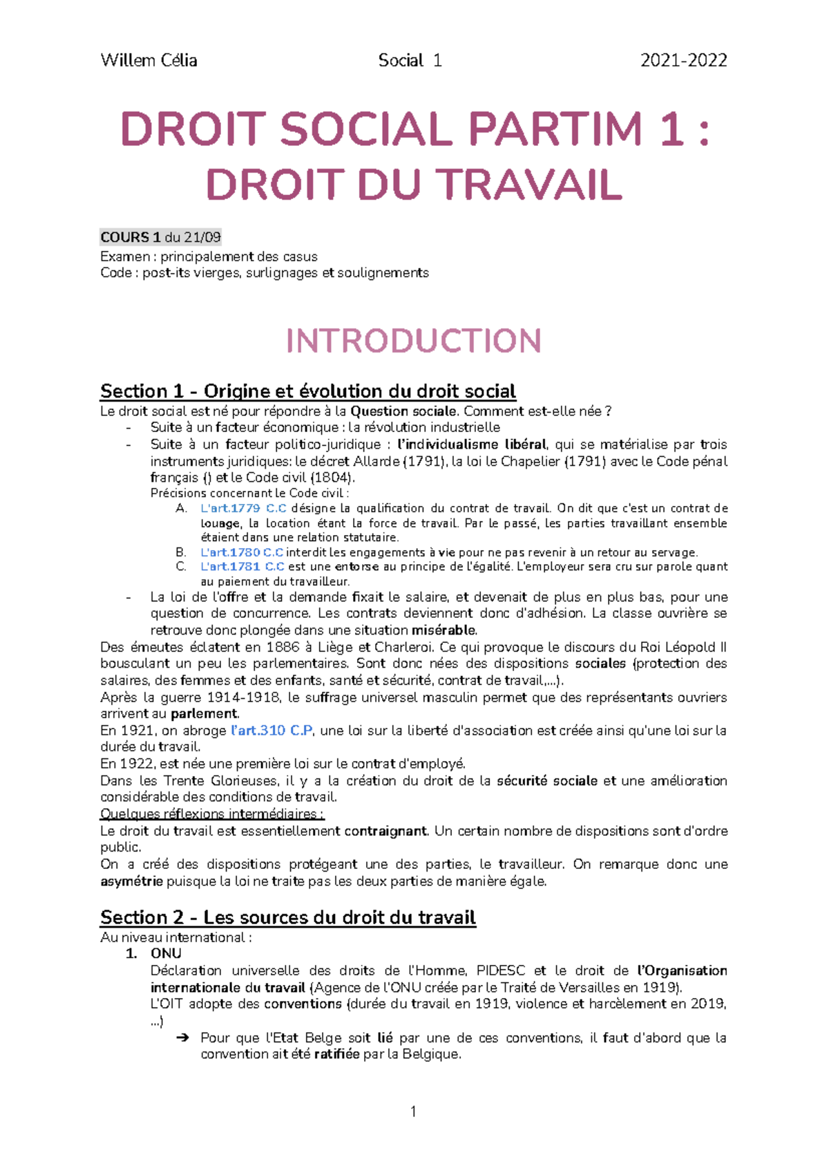 Social notes de cours année 2020-2021 - DROIT SOCIAL PARTIM 1 : DROIT ...