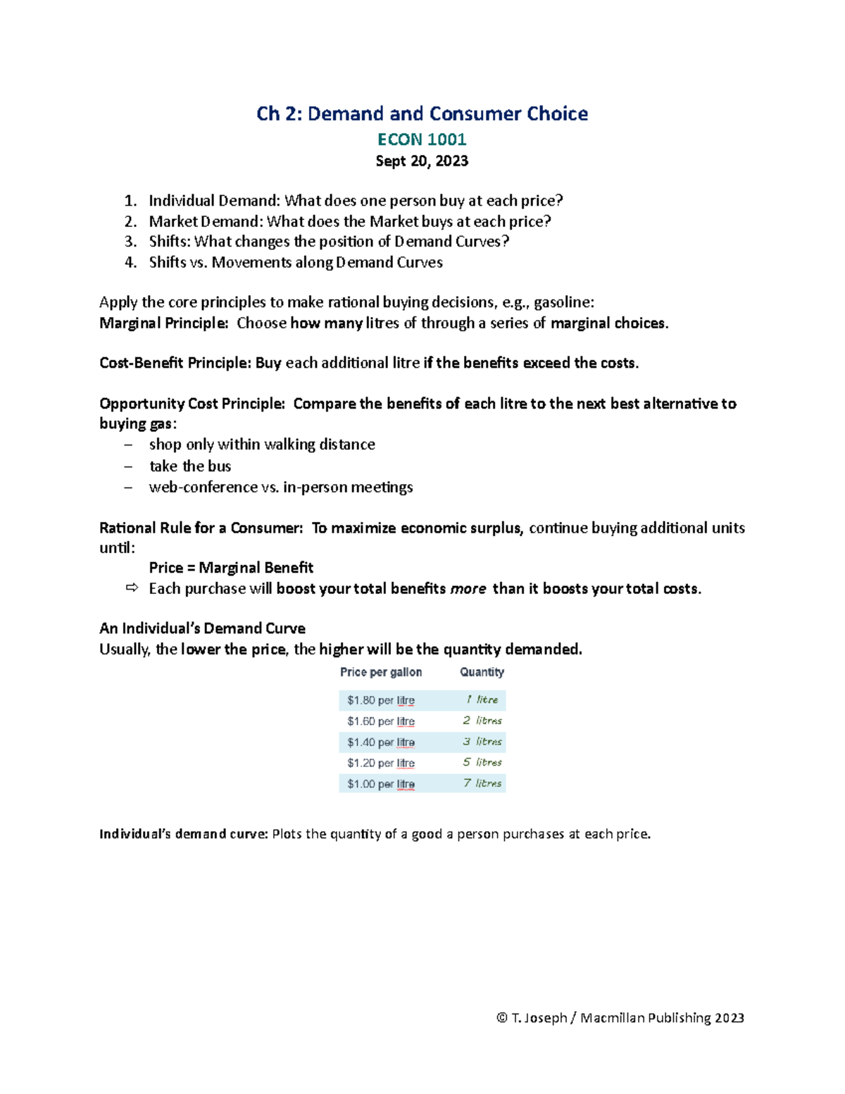 Class 2 - econ - Ch 2 : Demand and Consumer Choice ECON 1001 Sept 20 ...