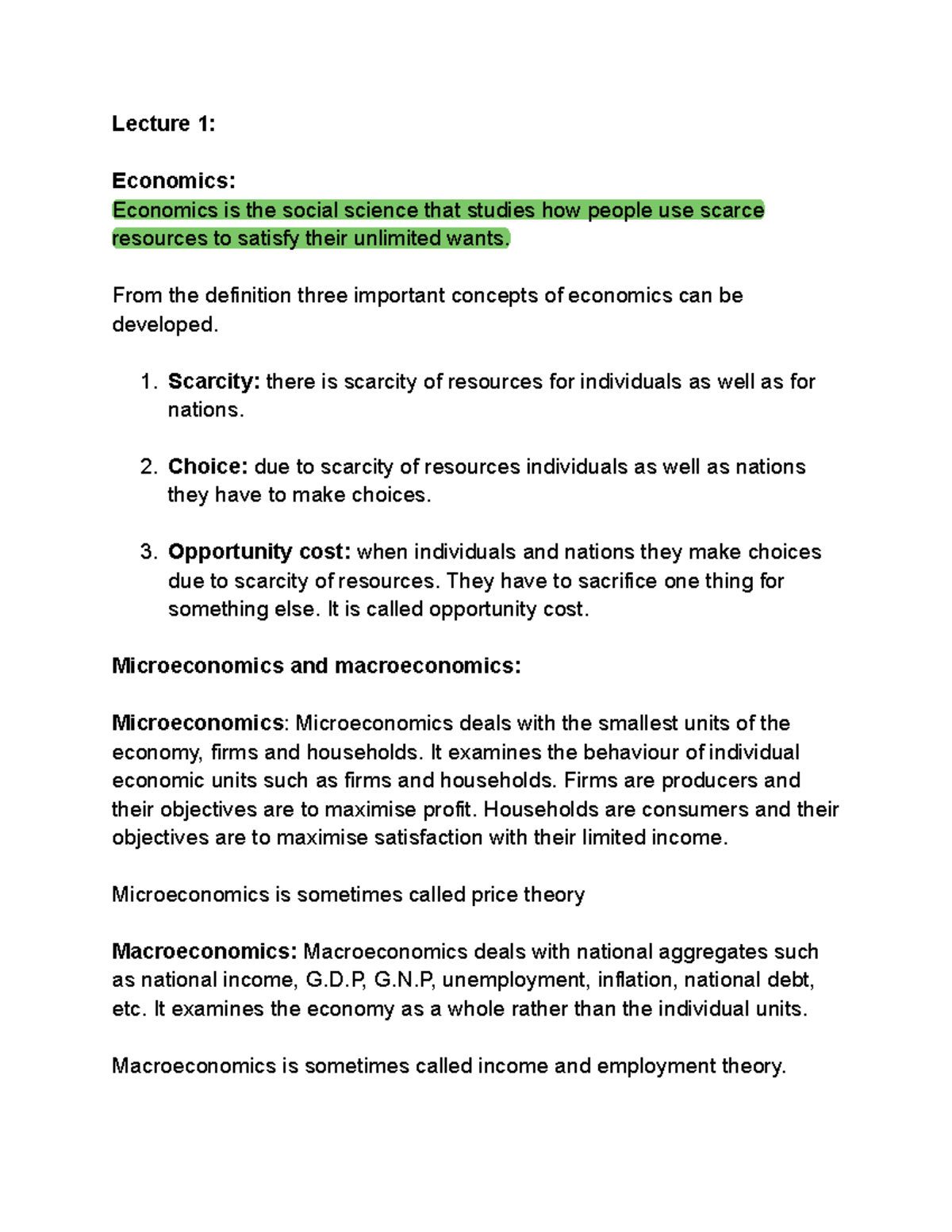 Econ Notes 1 - prof: Muhammad Islam - Lecture 1: Economics: Economics ...