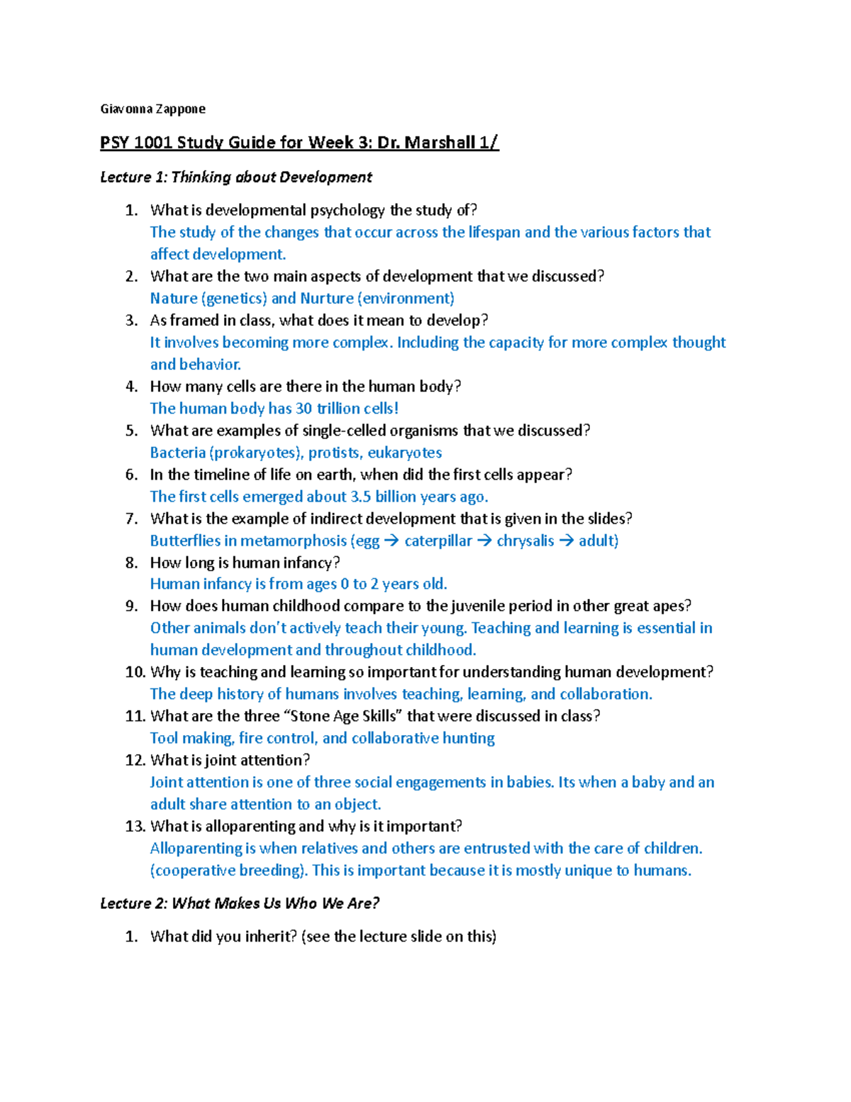 PSY 1001 Study Guide for Weeks 3-6 - Giavonna Zappone PSY 1001 Study Guide for Week 3: Dr ...