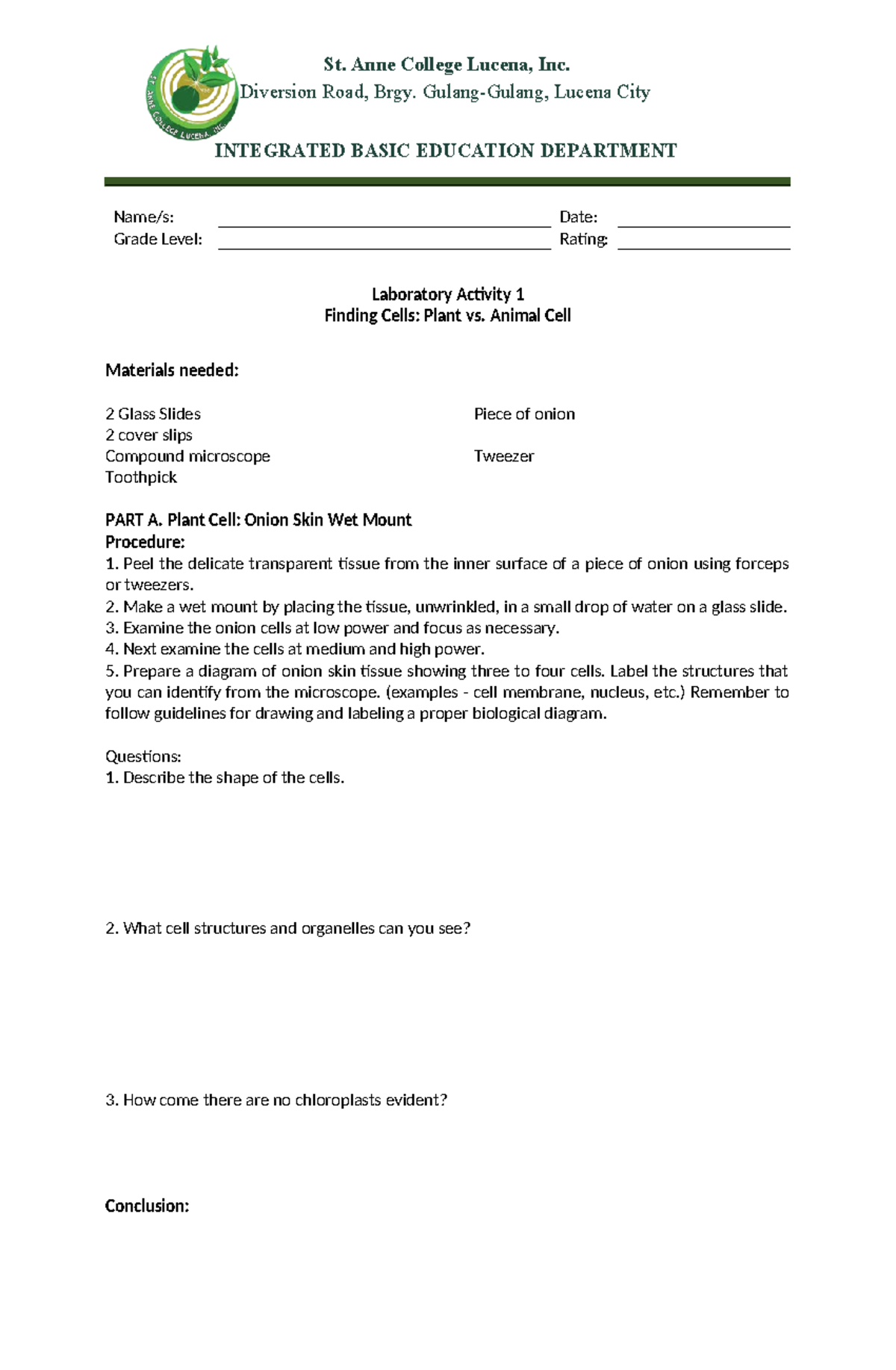 Lab 1 week 1 - dsgsdg - St. Anne College Lucena, Inc. Diversion Road ...