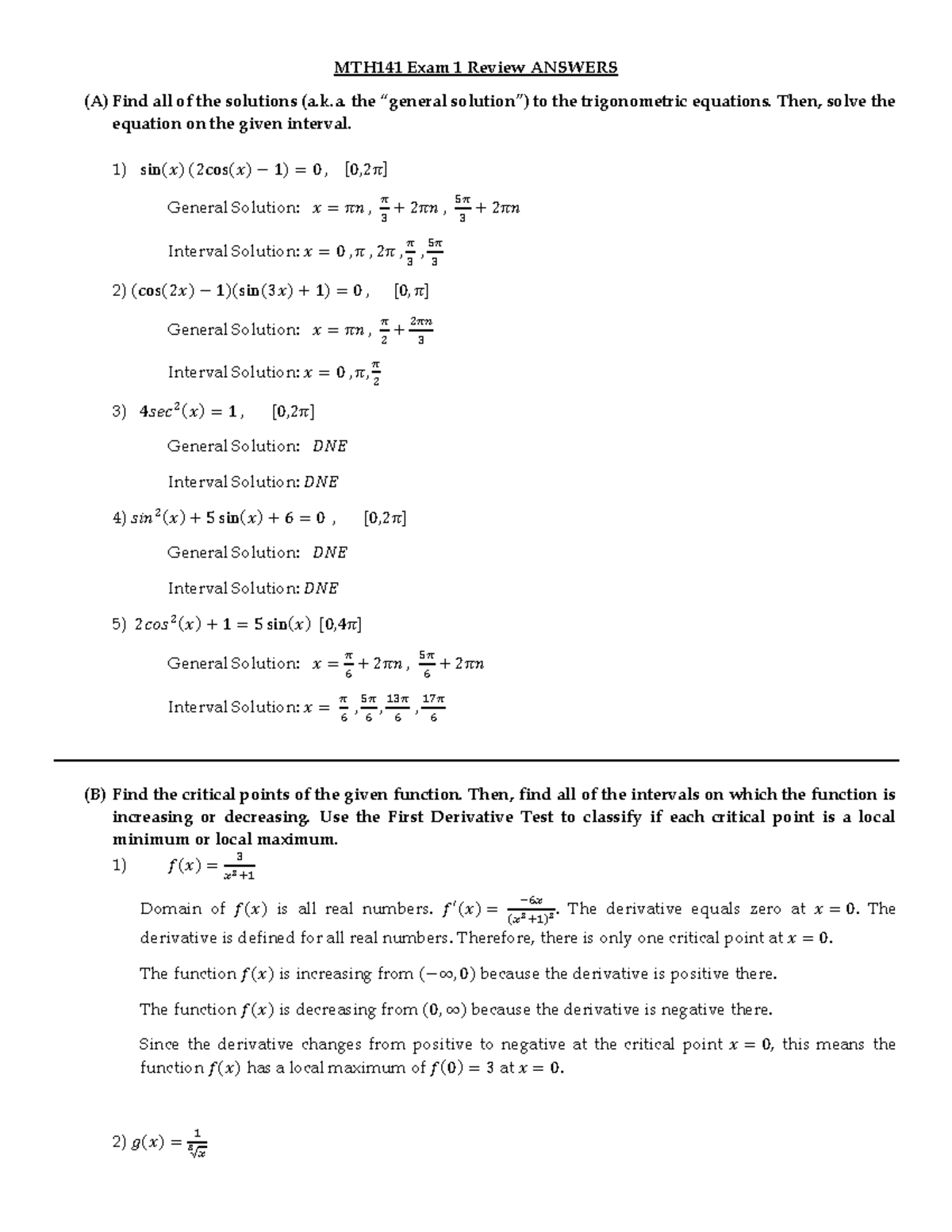 Exam 2 Review Solutions - MTH14 1 Exam 1 Review ANSWERS (A) Find all of ...