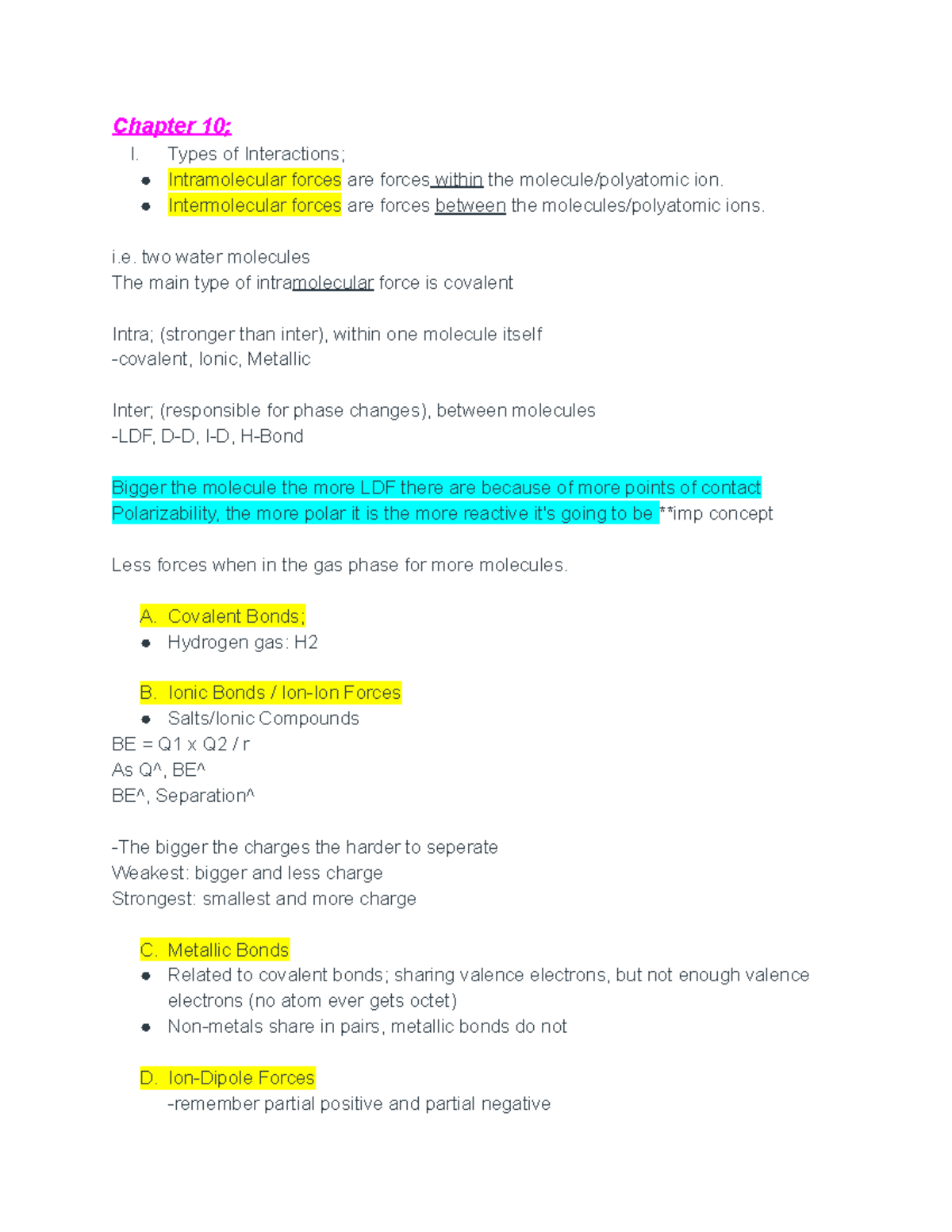 Chem 2 Exam 1 Study Guide - Chapter 10; I. Types of Interactions ...