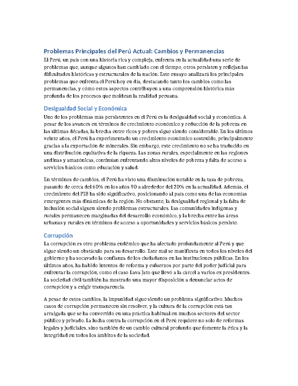 Problemas Principales del Perú Actual - Este ensayo analizará los ...