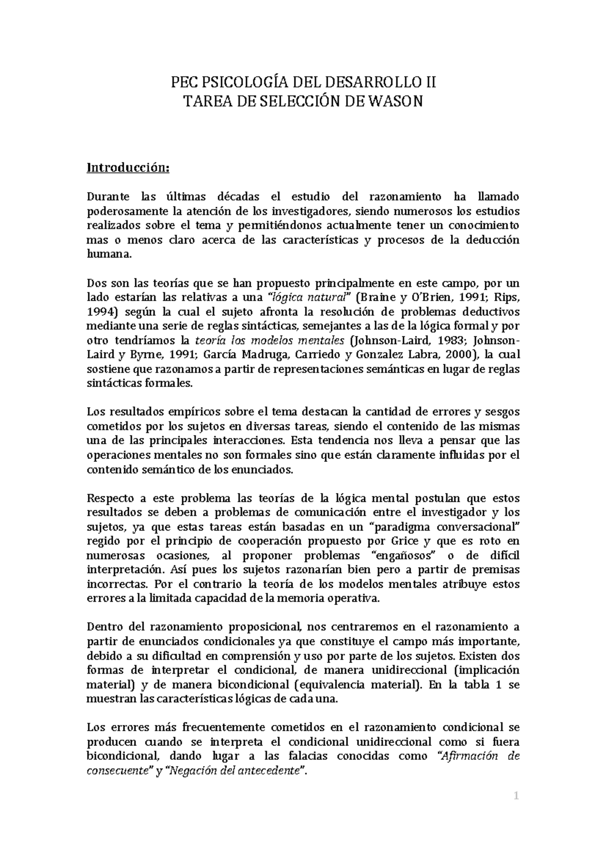 PEC Psicología Desarrollo II Tarea de selección de Wason - PEC PSICOLOGÍA DEL DESARROLLO II ...