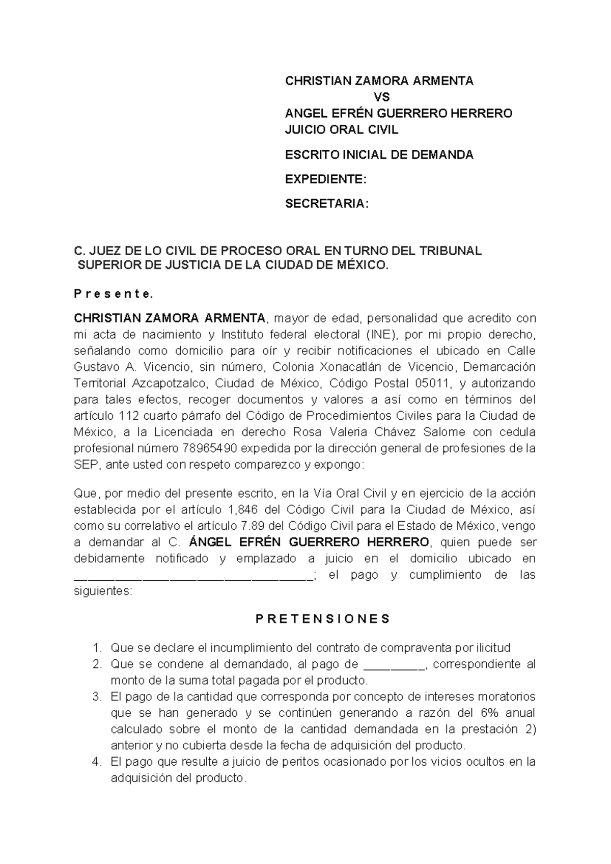 Ejemplo de demanda por vicios del consentimiento - CHRISTIAN ZAMORA ARMENTA VS ANGEL EFRÉN ...