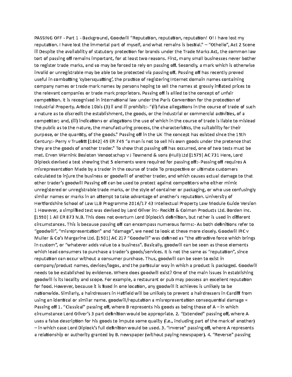 Passing OFF - PASSING OFF - Part 1 - Background, Goodwill “Reputation ...