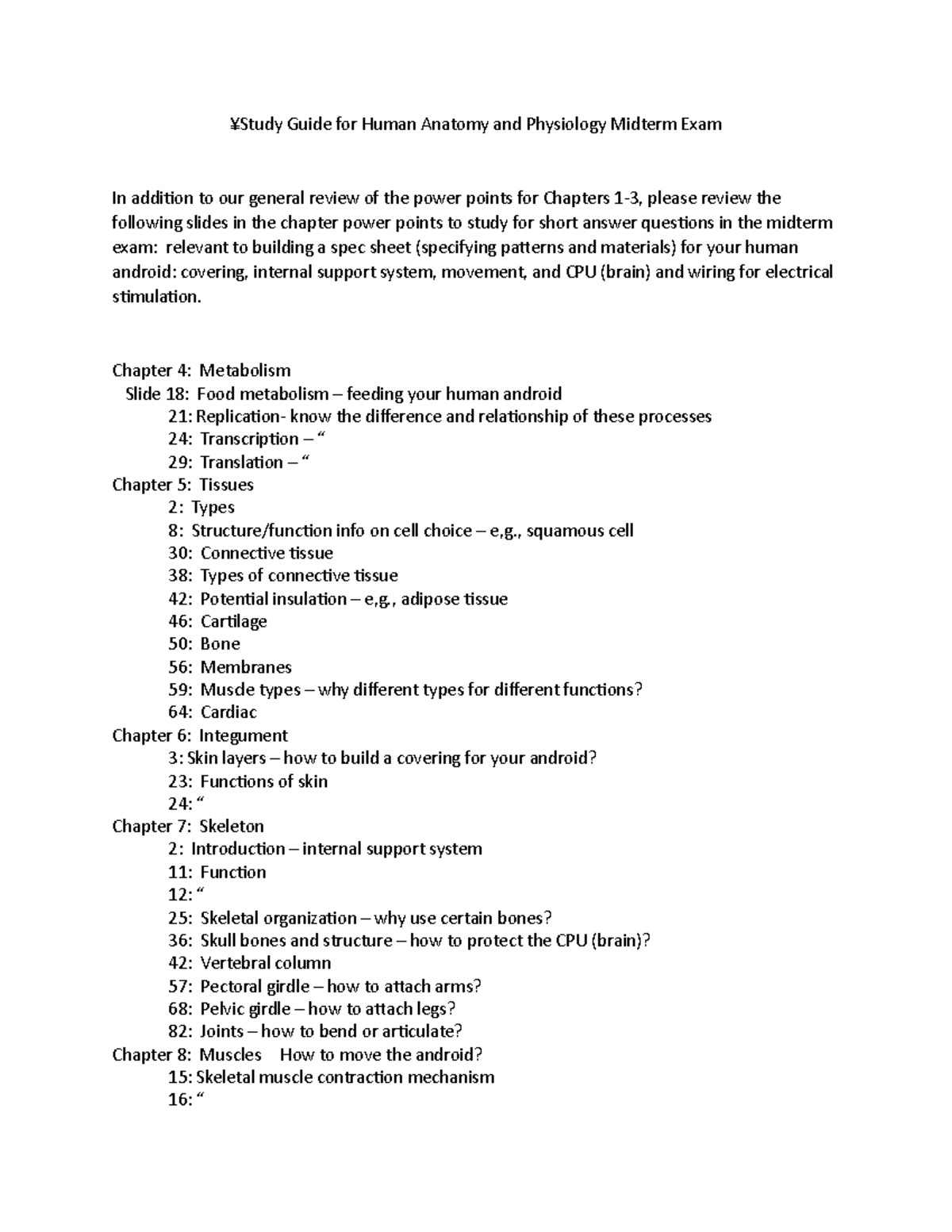 Study Guide for Mid Term Exam - ¥Study Guide for Human Anatomy and ...