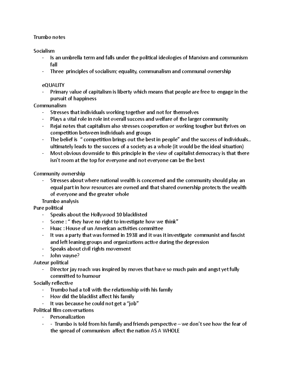 Trumbo notes - Summary - Trumbo notes Socialism - Is an umbrella term ...