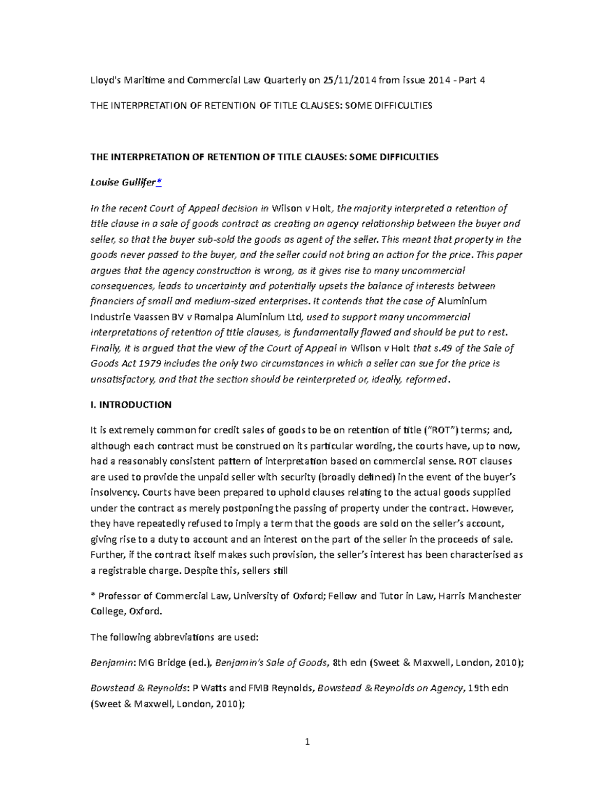 Retention OF Title - Summary notes - Maritime and Commercial Law ...