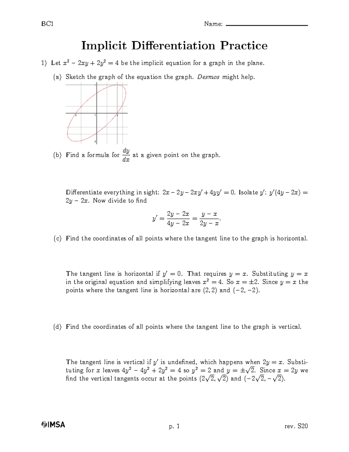 Implicit differentiation - BC1 Name: Implicit Differentiation Practice ...