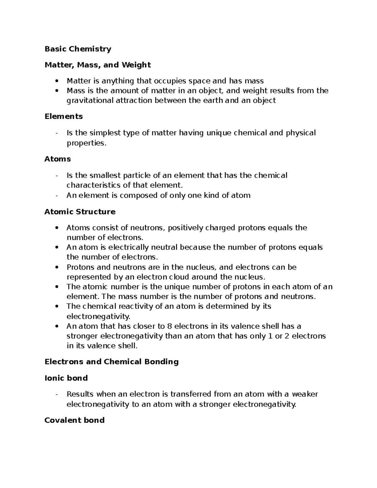 The Chemical Basis of Life Reviewer - Basic Chemistry Matter, Mass, and ...