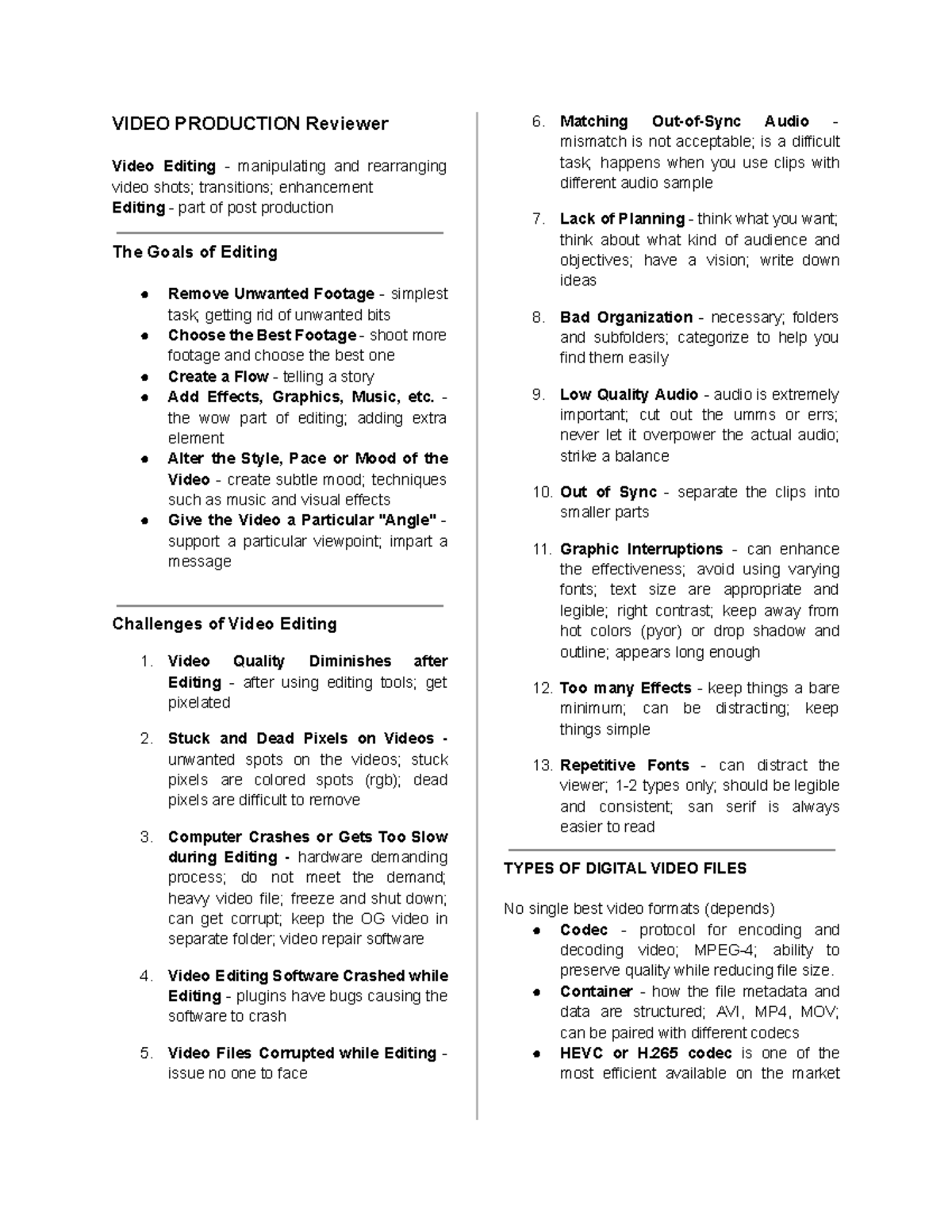 Video- Production-reviewer - VIDEO PRODUCTION Reviewer Video Editing ...