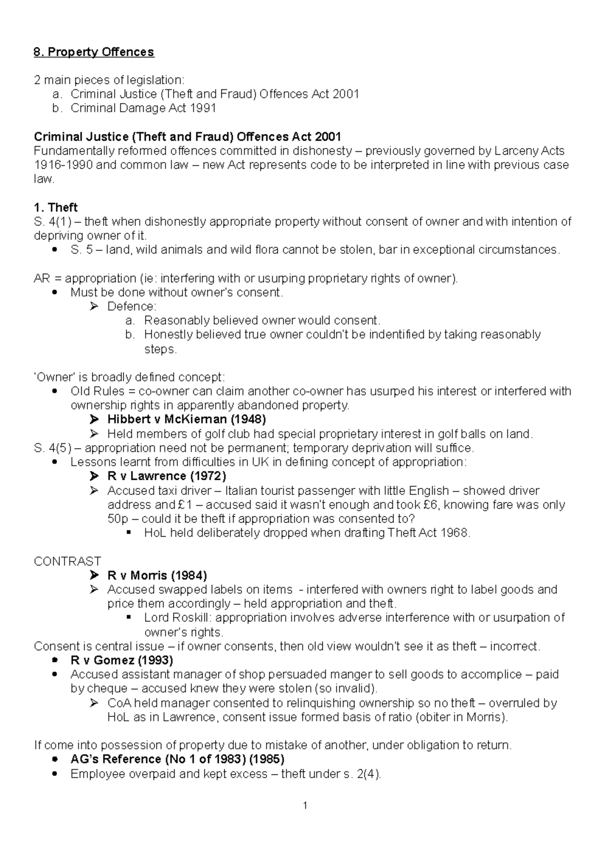 8. Property Offences Notes - 8. Property Offences 2 main pieces of ...