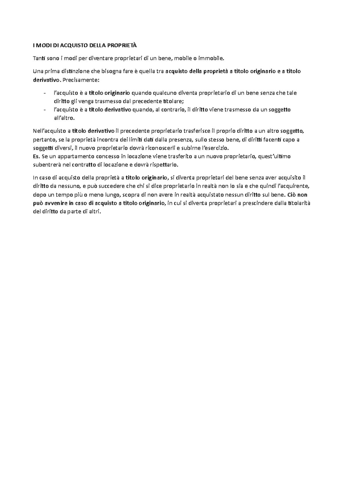 Proprietà, acquisto a titolo originario e derivativo - I MODI DI ...