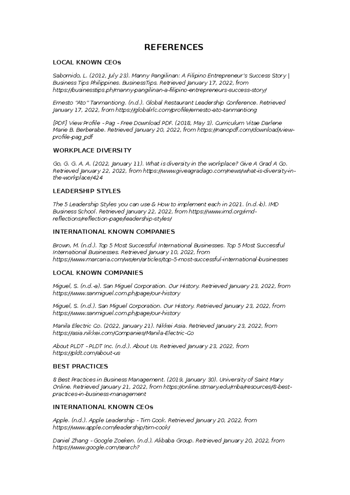 References - REFERENCES LOCAL KNOWN CEOs Sabornido, L. (2012, July 23 ...