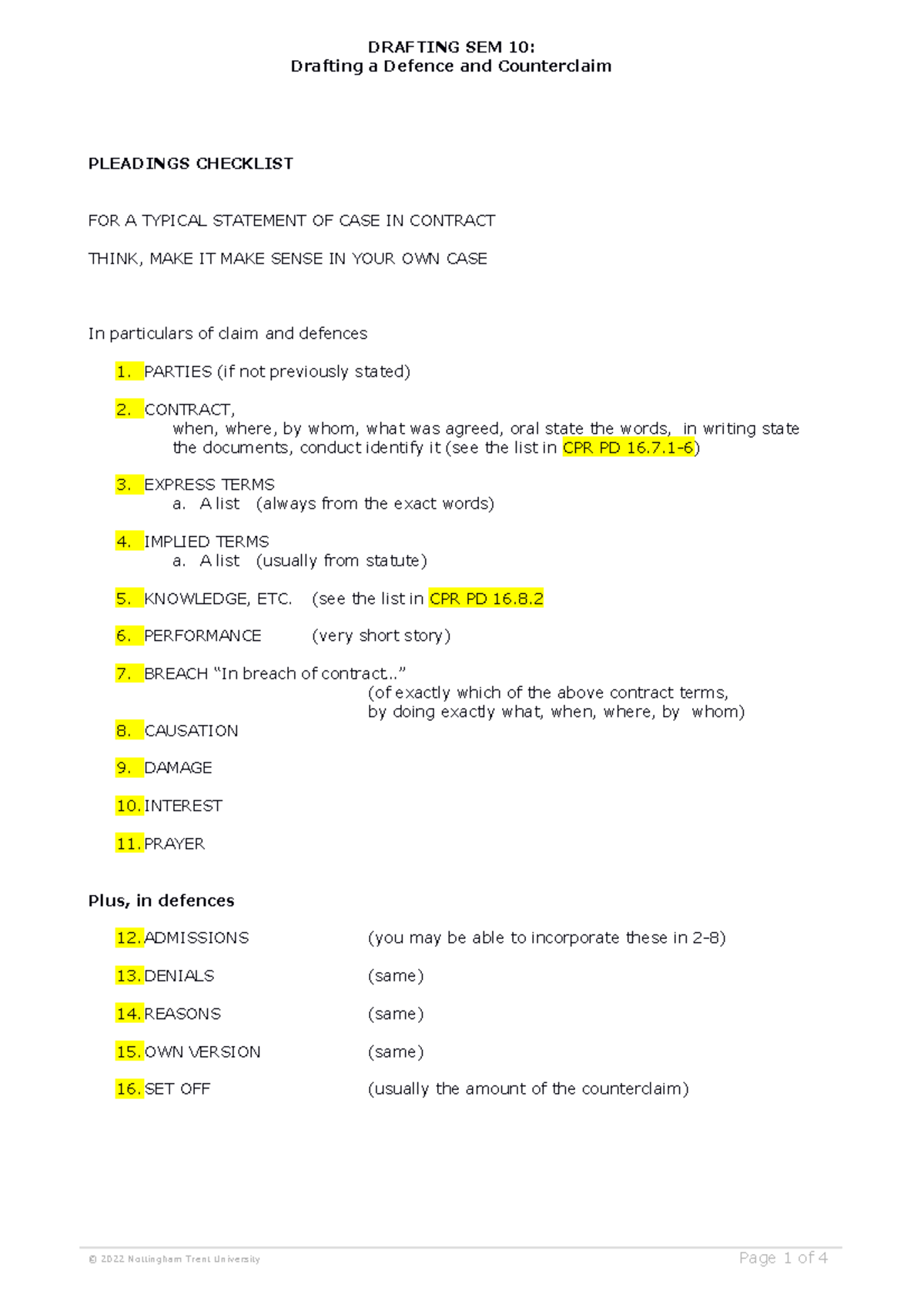Part B - Pleadings Checklist - Drafting a Defence and Counterclaim ...