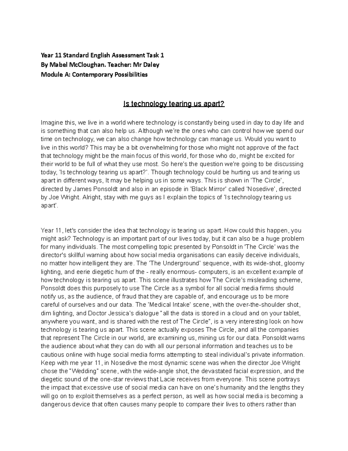 Mabel Mc Cloughan - Assessment TASK Contemporary Possibilities - Year ...