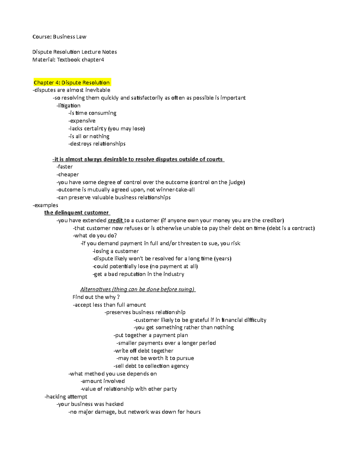 4 Dispute Resolution Notes - Course: Business Law Dispute Resolution ...