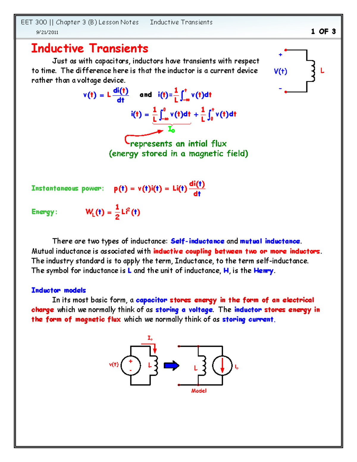 Inductive Transients - Lecture notes 3 - EET 300 Chapter 3 (B) Lesson ...