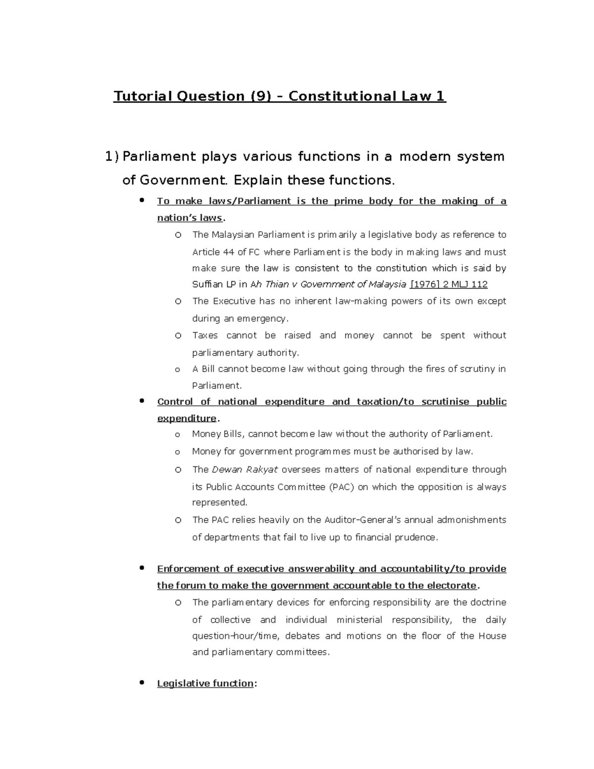 MMU UCL1612 Tutorial Question Week (9) - Tutorial Question (9) – Constitutional Law 1 1 ...