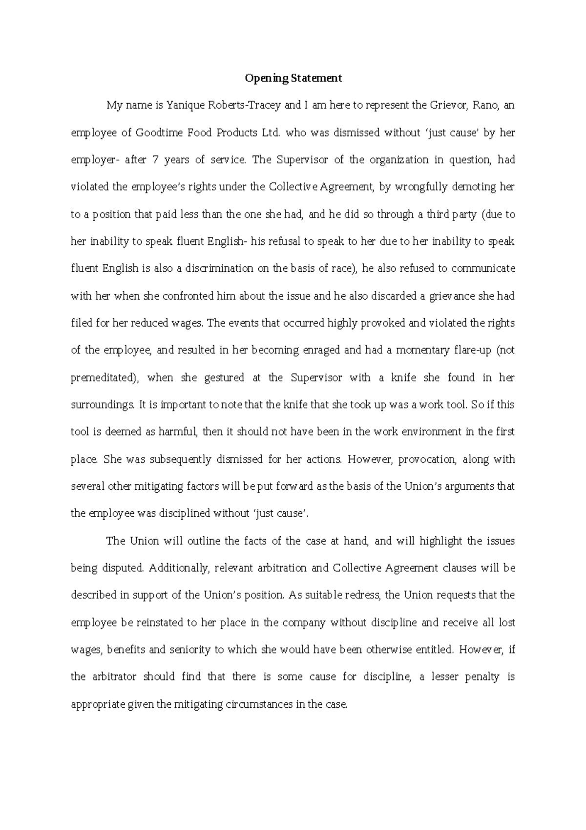 Law Hearing - assignment - Opening Statement My name is Yanique Roberts ...
