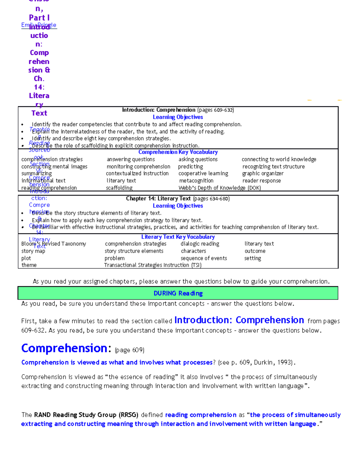 Module 8 Comprehension Literary Text Reading Guide - Emily Pringle Introduction: Comprehension ...