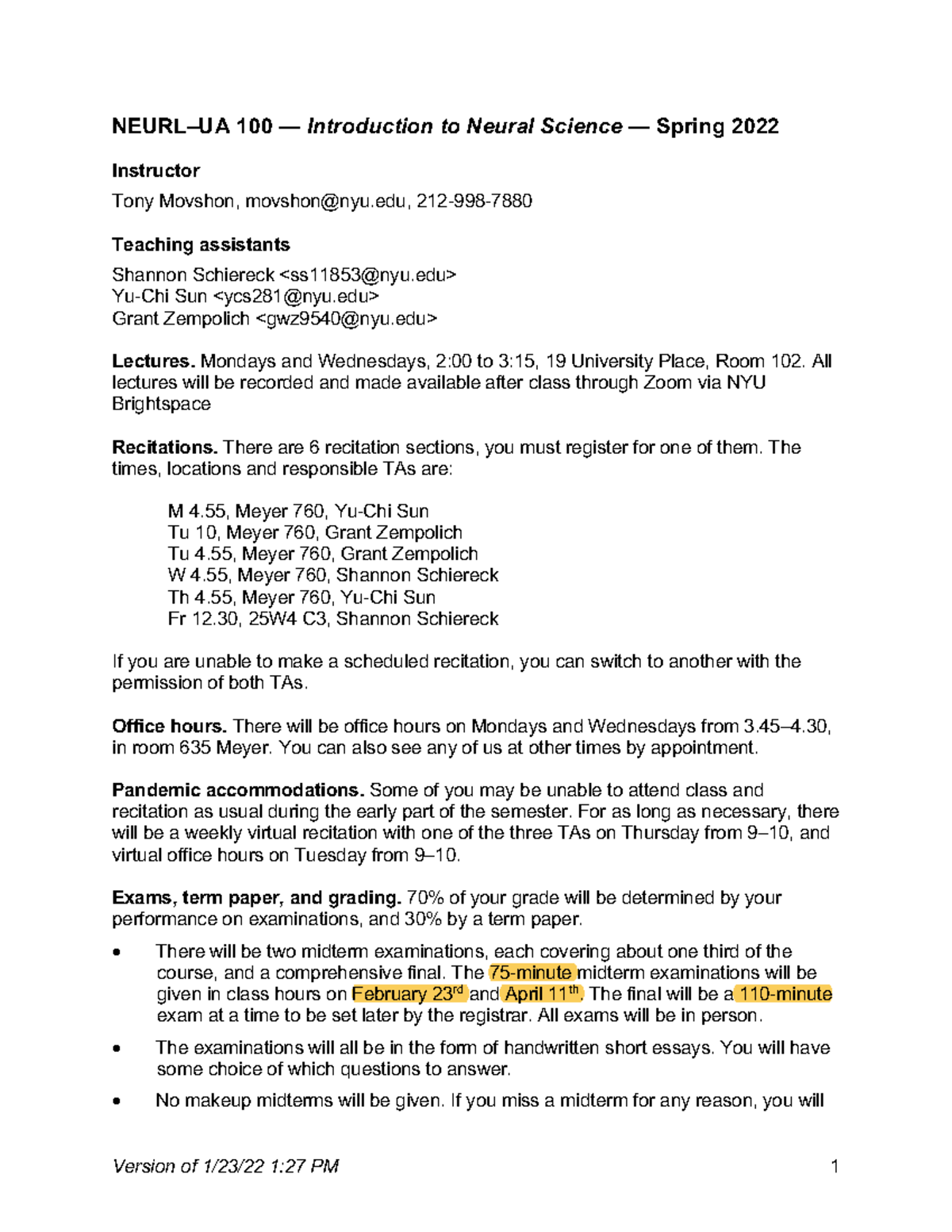 Course information - Copy - NEURL–UA 100 — Introduction to Neural Science — Spring 2022 ...