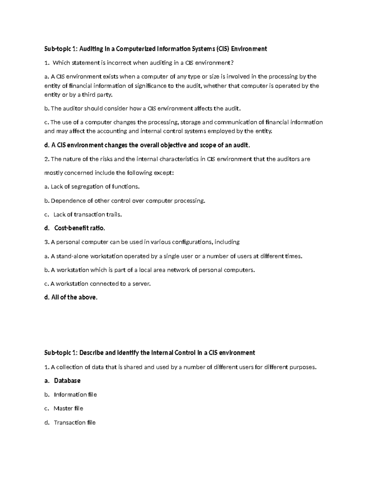 Assignment - Audit - Sub-topic 1: Auditing in a Computerized Information Systems (CIS ...