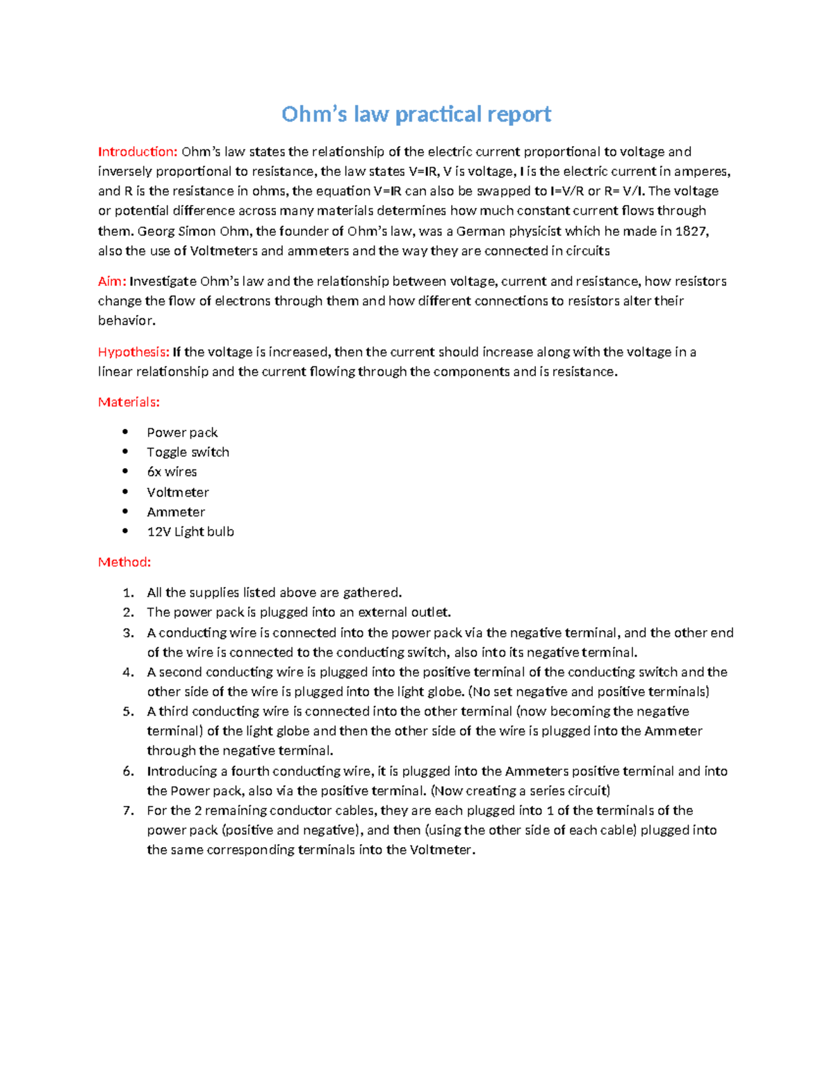 Ohms Law practical - Ohms law report - Ohm’s law practical report ...
