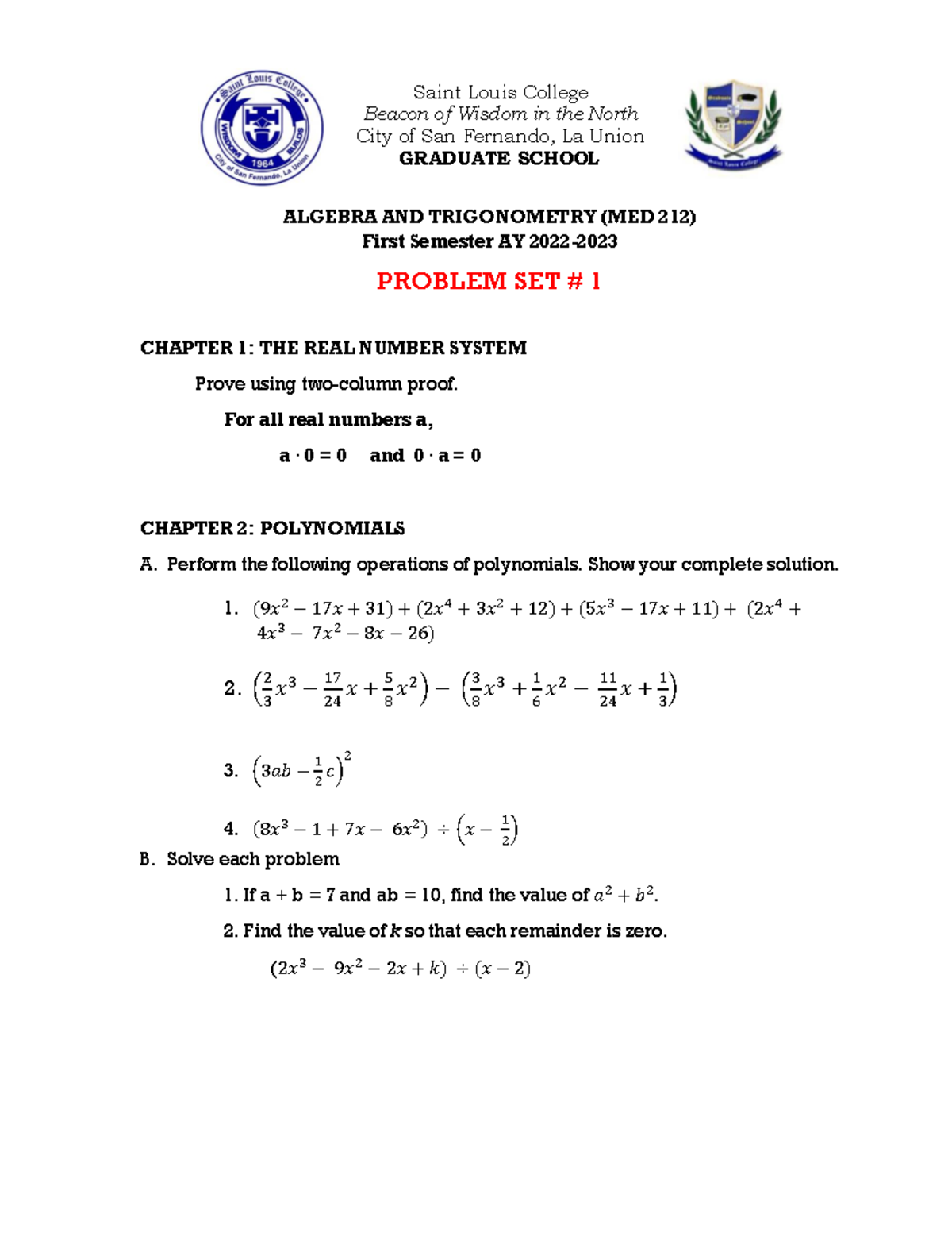 Problem set 1 algebra and trigo - ALGEBRA AND TRIGONOMETRY (MED 212 ...