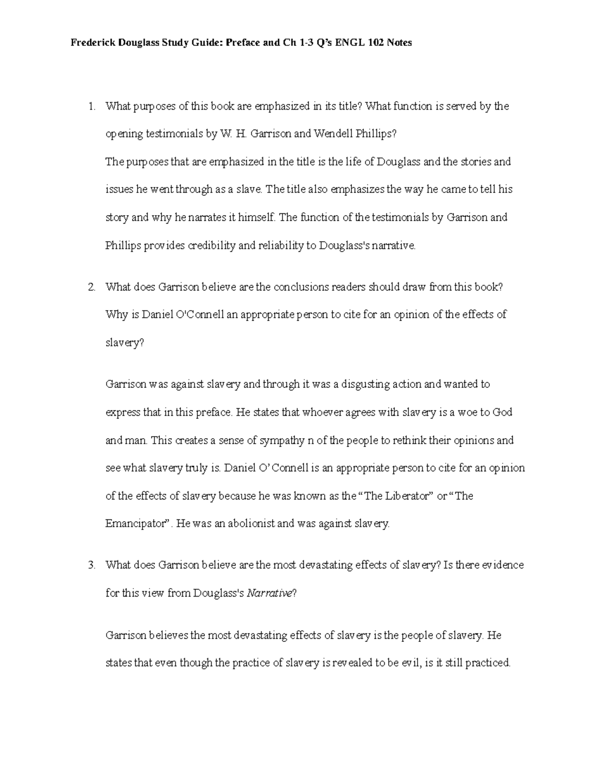 Frederick Douglass Study Guide Preface and Ch 1-3 Q’s Notes - H ...