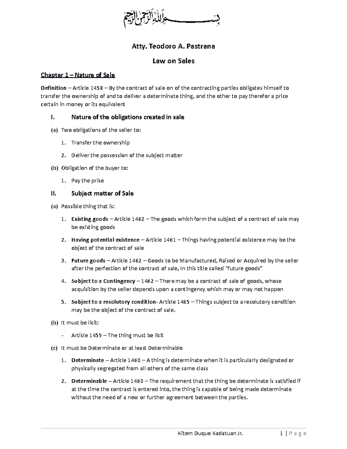 Business Law Quiz 1 - Atty. Teodoro A. Pastrana Law on Sales Chapter 1 ...