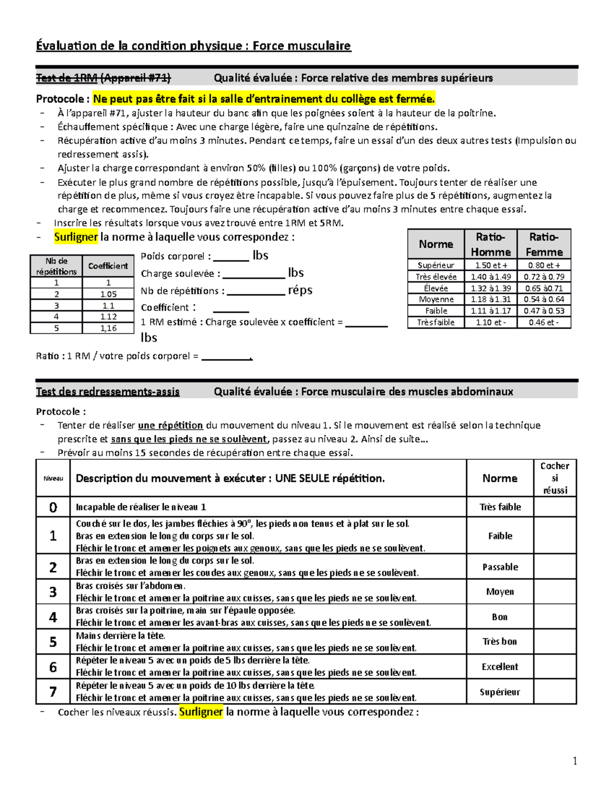 Tests force musculaire - Évaluation de la condition physique : Force ...